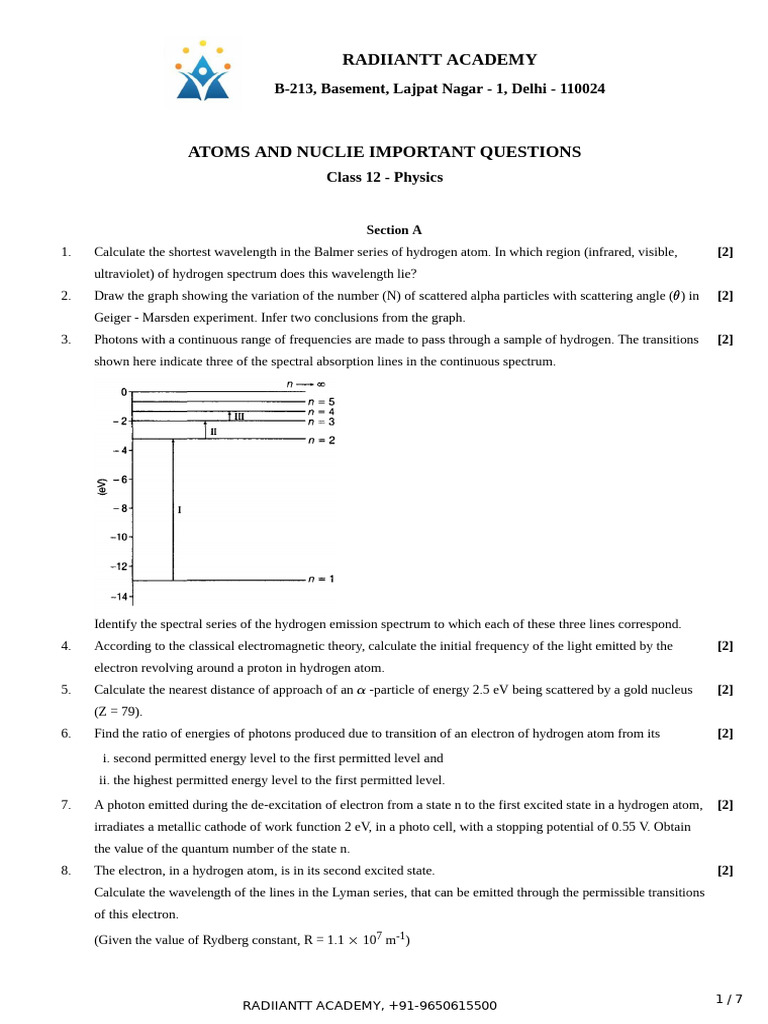Atoms and Nuclie Important Questions | PDF | Atomic Nucleus | Nuclear ...