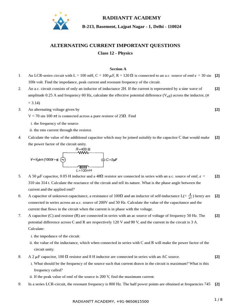 ALTERNATING CURRENT IMPORTANT QUESTIONS | PDF | Inductor | Electrical Network