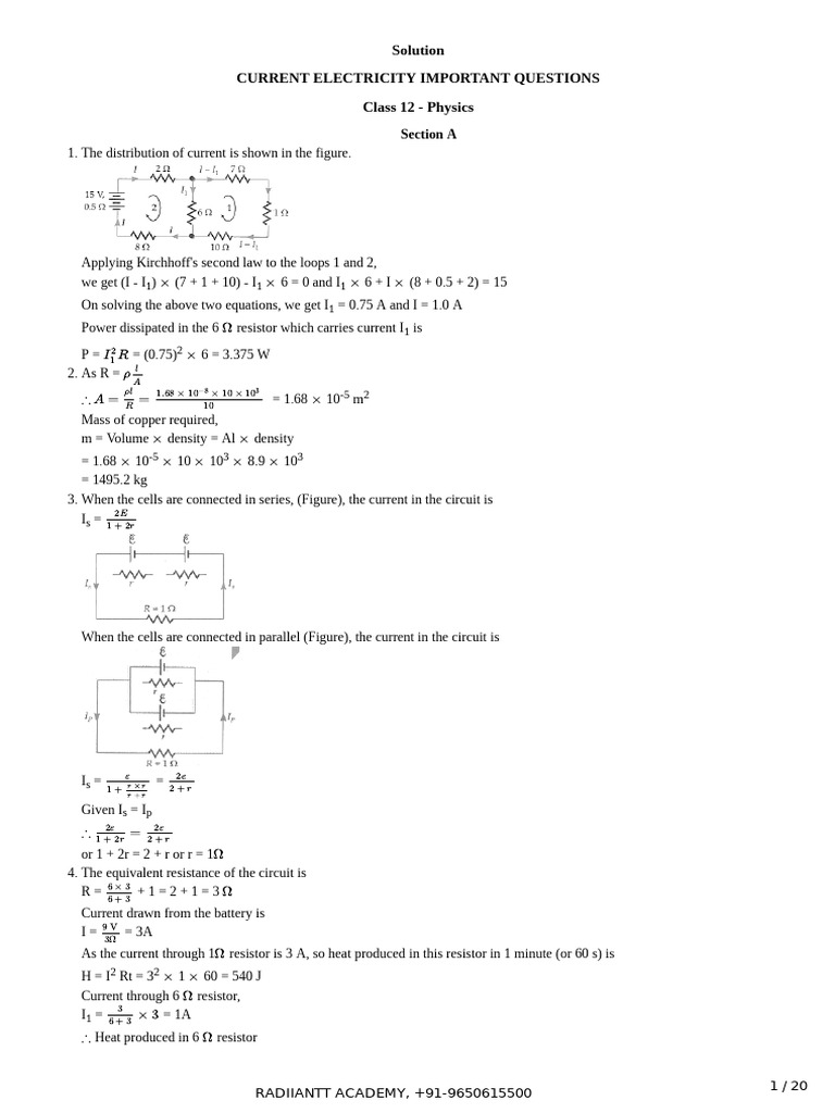 Current Electricity Important Questions Solutions | PDF | Electrical ...