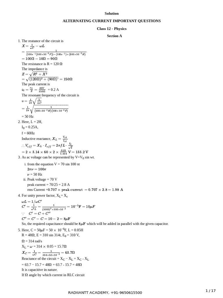 Alternating Current Important Questions Solutions | PDF | Capacitor ... Alternating Current Important Questions Solutions | PDF | Capacitor ...