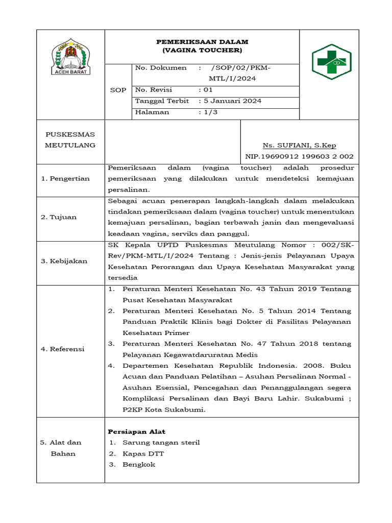 Sop Pemeriksaan Dalam (VT) | PDF