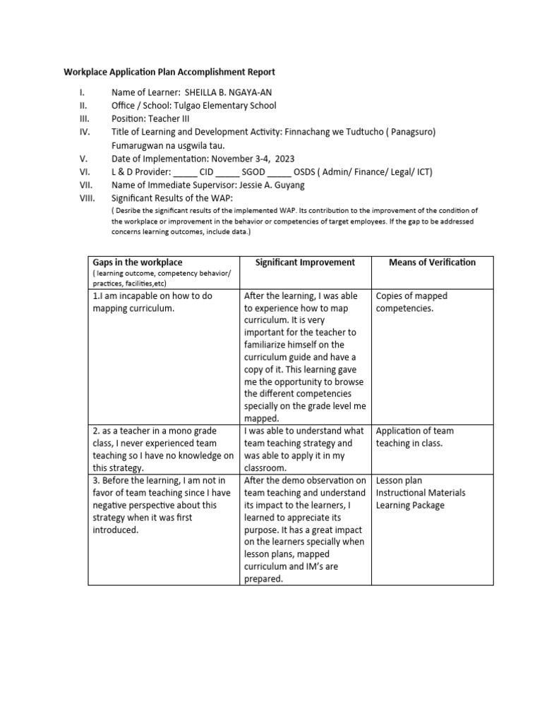 Workplace Application Plan Report | PDF | Learning | Curriculum