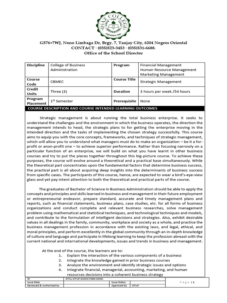 DC CBMEC StrategicManagement Course Outline | PDF | Strategic Management | Strategic Planning
