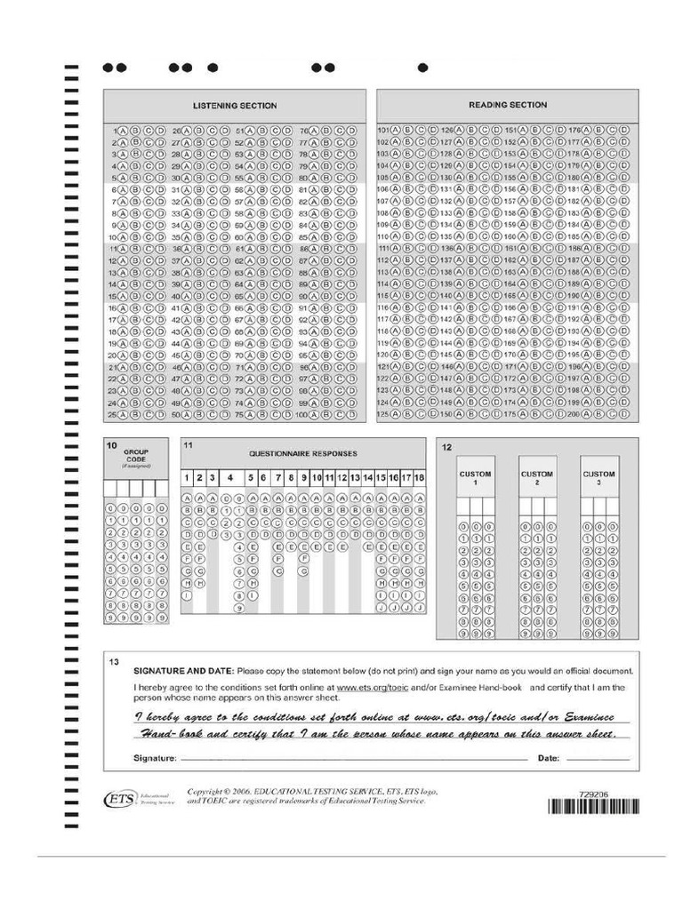Toeic Answer Sheet | PDF