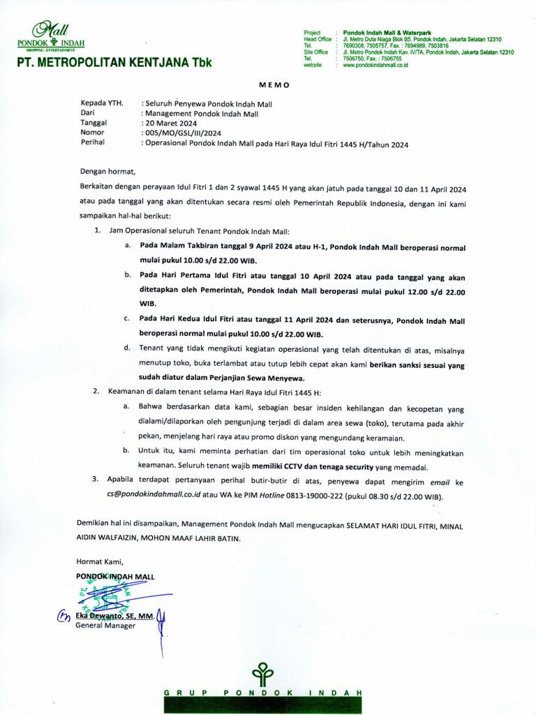 Memo - Operational Pondok Indah Mall Pada Hari Raya Idul Fitri 1445h ...
