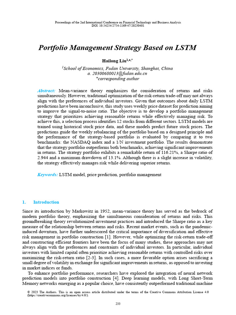 Portfolio Management Strategy Based On LSTM | PDF | Sharpe Ratio | Modern Portfolio Theory