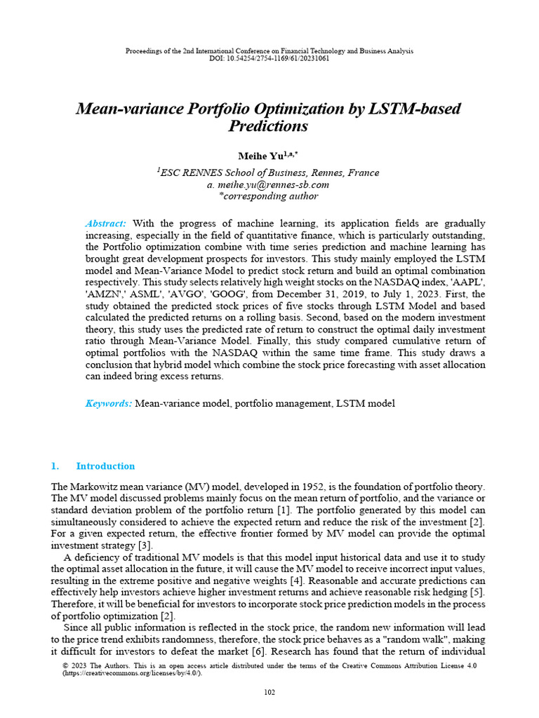 Mean Variance Portfolio Optimization By Lstm Based Pdf Modern