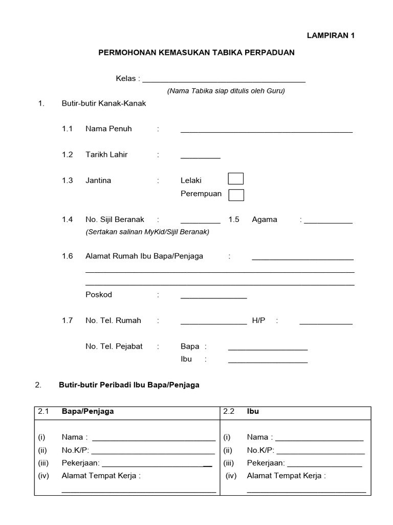 Borang Permohonan Kemasukan Tabika Perpaduan | PDF