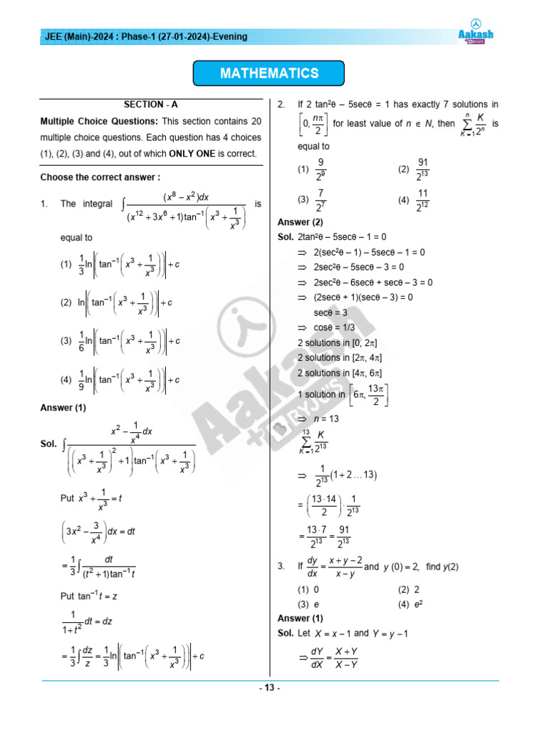 Jee Main 2024 Shift2 Jan27 Maths Evening | PDF | Mathematical Analysis | Mathematical Objects