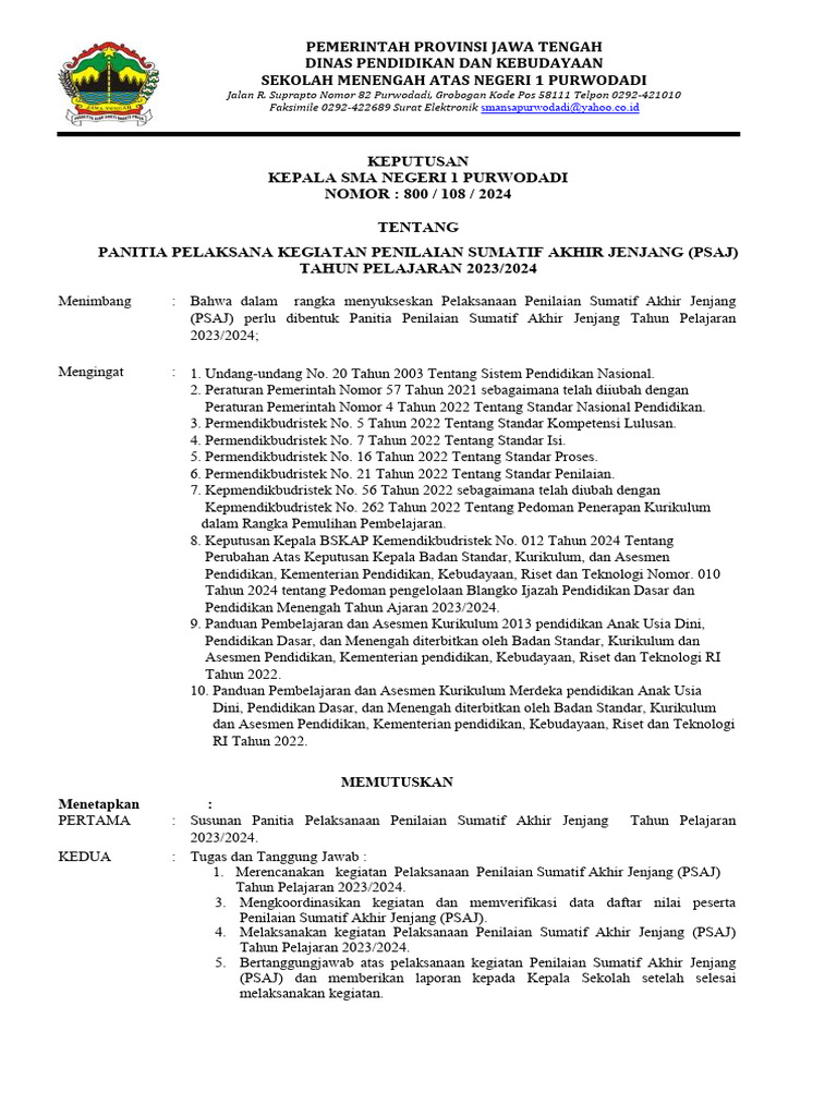 SK. PANITIA PSAJ (Penilaian Sumatif Akhir Jenjang) TP. 2023-2024.docx - Dipakai | PDF