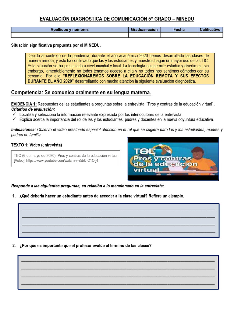 EVALUACIÓN-DIAGNÓSTICA-DE-COMUNICACIÓN-5-GRADO | PDF | Evaluación ...