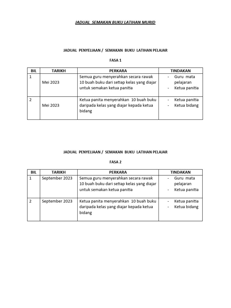 Jadual Semakan Buku Latihan Murid | PDF