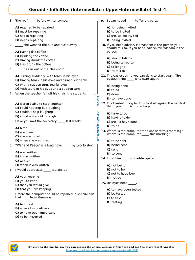 1351 Gerund Infinitive Intermediate Upper Intermediate Test 4 | PDF ...