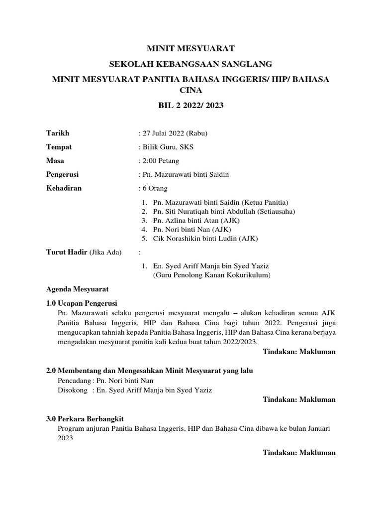 Minit Mesyuarat Bil 2 Bi, BC Hip | PDF