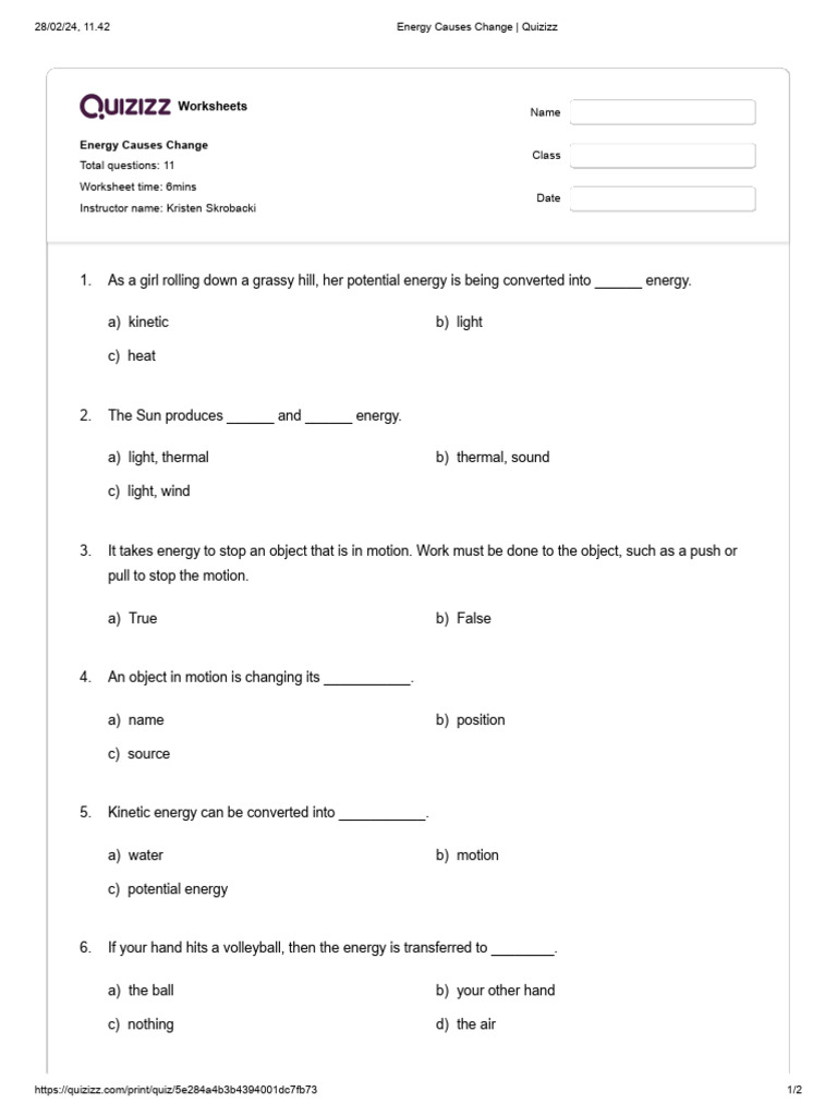 Energy Causes Change Quiz Worksheet | PDF | Kinetic Energy | Potential ...