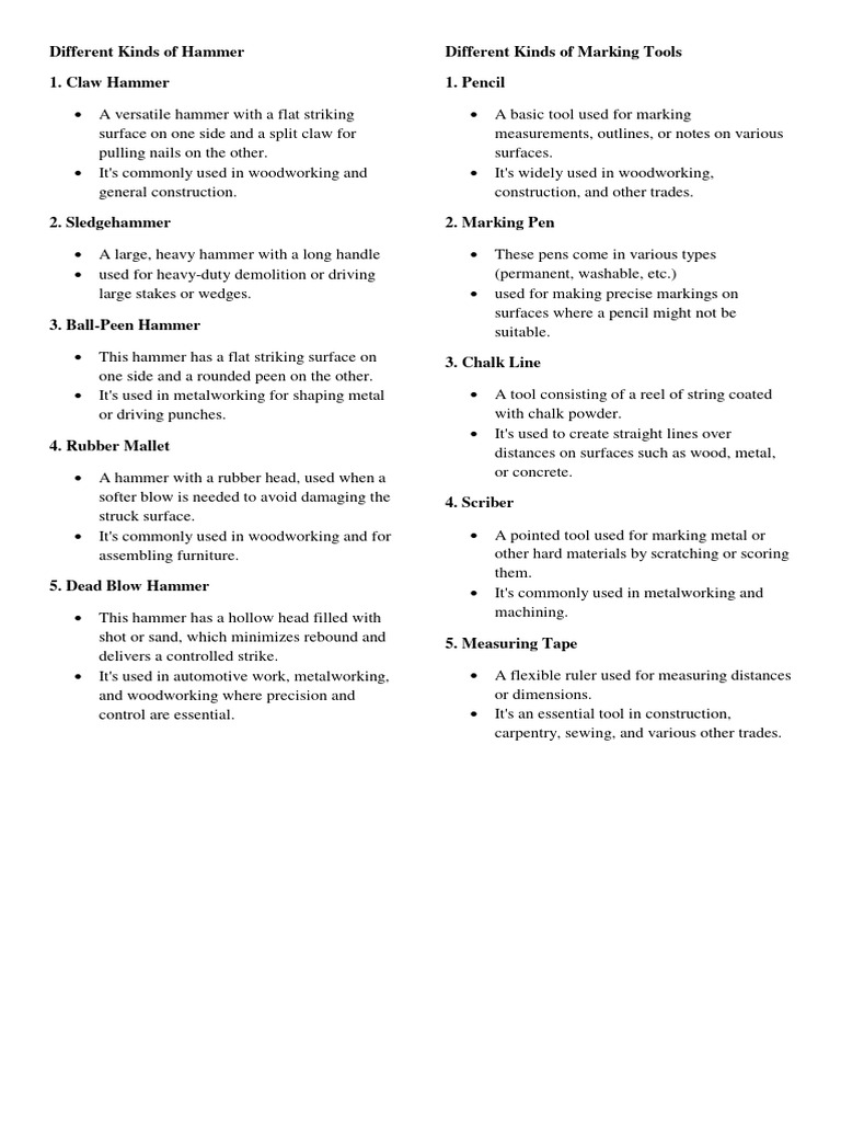 Hammers and Marking Tools | PDF | Hammer | Metalworking
