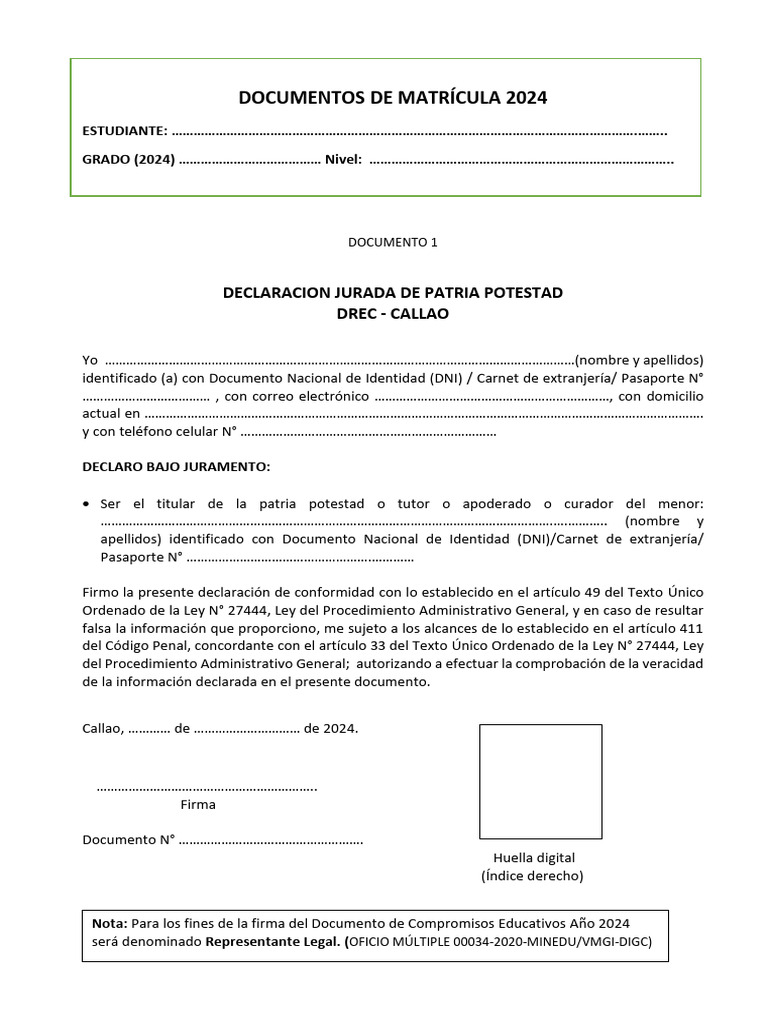Documentos para Firmas en Matricula 2024 | PDF | Documento de identidad