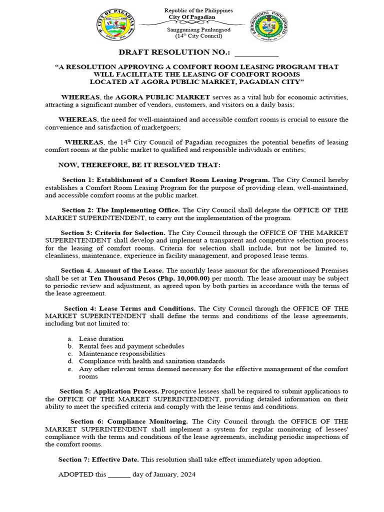 Draft Resolution Lease of Comfort Rooms | PDF | Lease