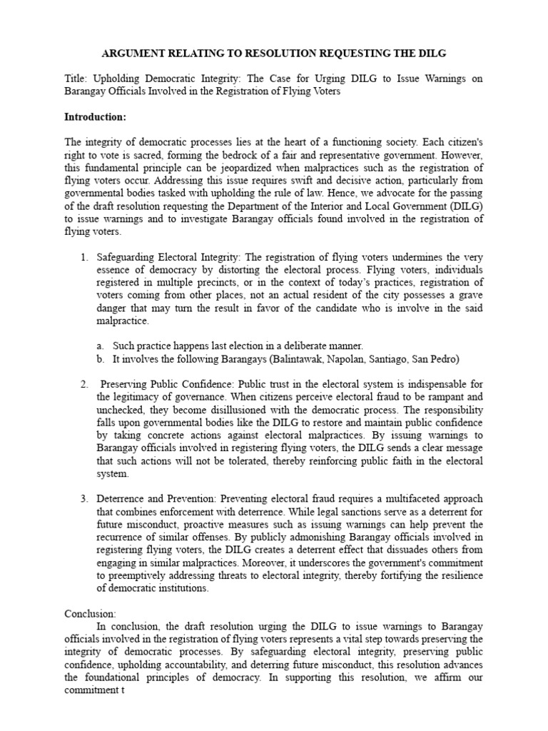 Argument Relating To Resolution Requesting The Dilg | PDF | Democracy ...