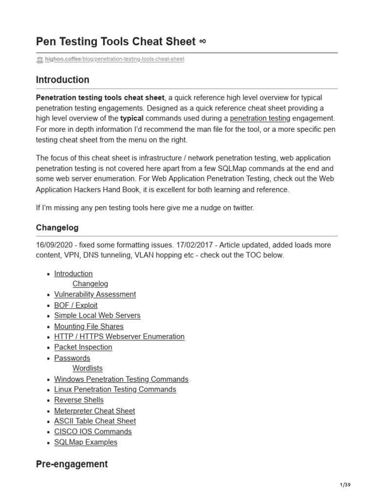 Pen Testing Tools Cheat Sheet | PDF | Ip Address | Software