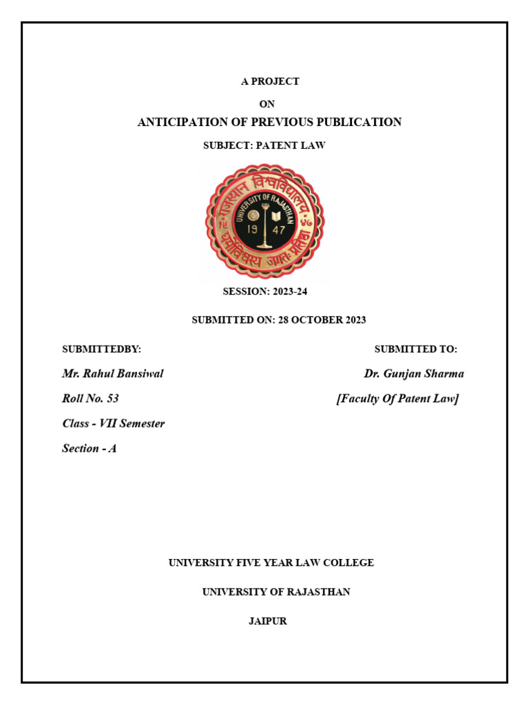 Patent Law Project Sem 7-A | PDF | Prior Art | Patent
