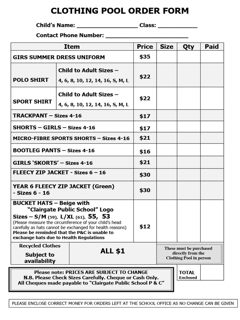 Clothing Pool Orderformsinglepage | PDF