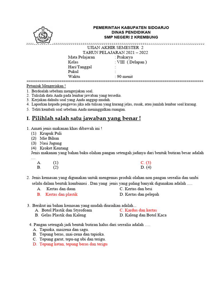 Soal Uas 2021-2022 Prakarya Pengolahan Kelas 8 | PDF