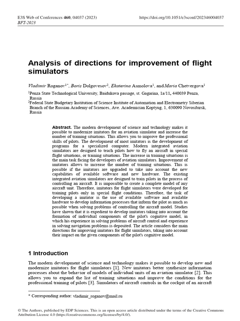 Improvement of Flight Simulators - Vladimir Roganov 2023 | PDF | 3 D Modeling | Simulation