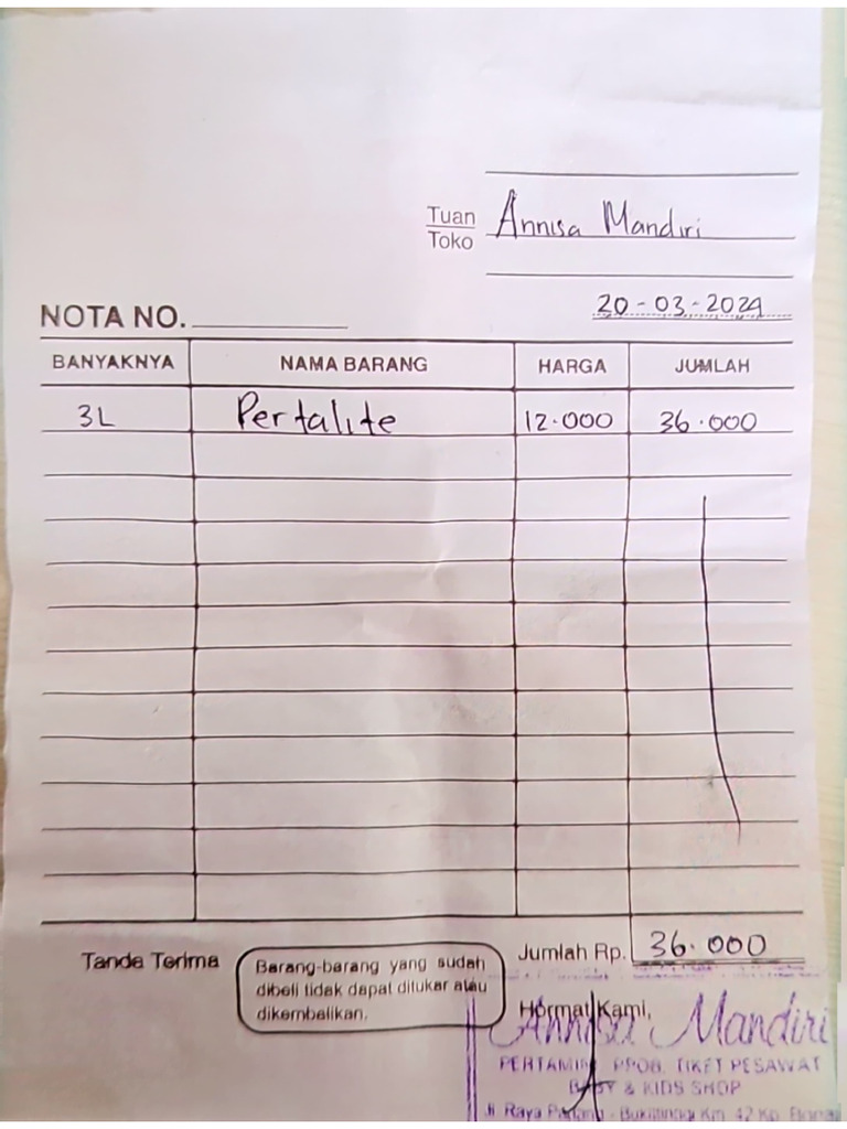 Nota Anisa Mandiri (3.0 LTR Pertalite BBM Op Dara K3) TGL 20-03-2024 - 6 | PDF