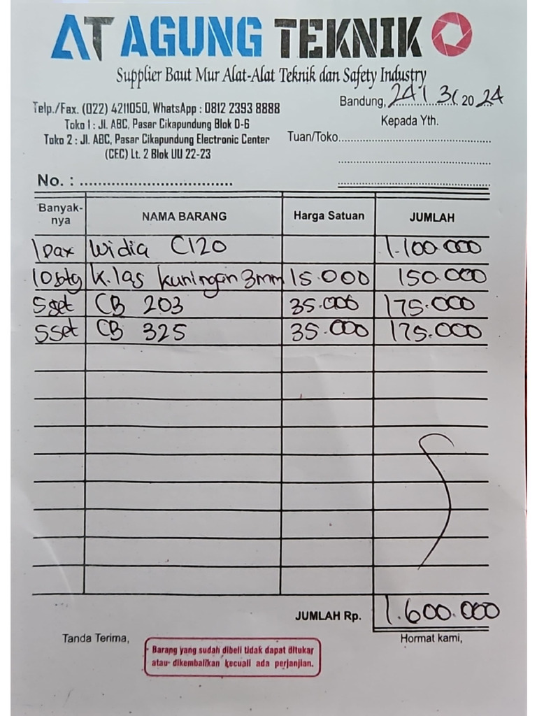 Nota Toko Agung Teknik (1 Pak Mata Widia, 10 BTG Kawt Las Kuningan& 10 ...