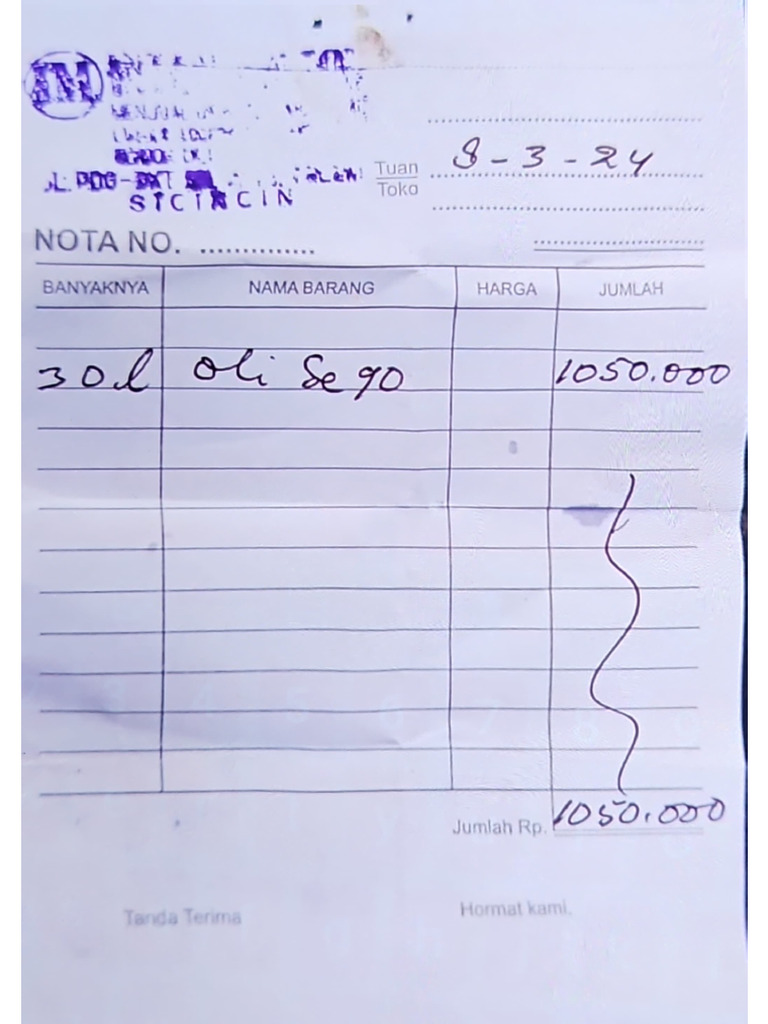 Nota Toko Intan Motor (30 LTR Oli SE 90), TGL 08-03-2024 | PDF