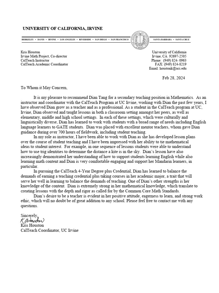 Letter of Rec From Kris Houston | PDF | Teachers | Learning