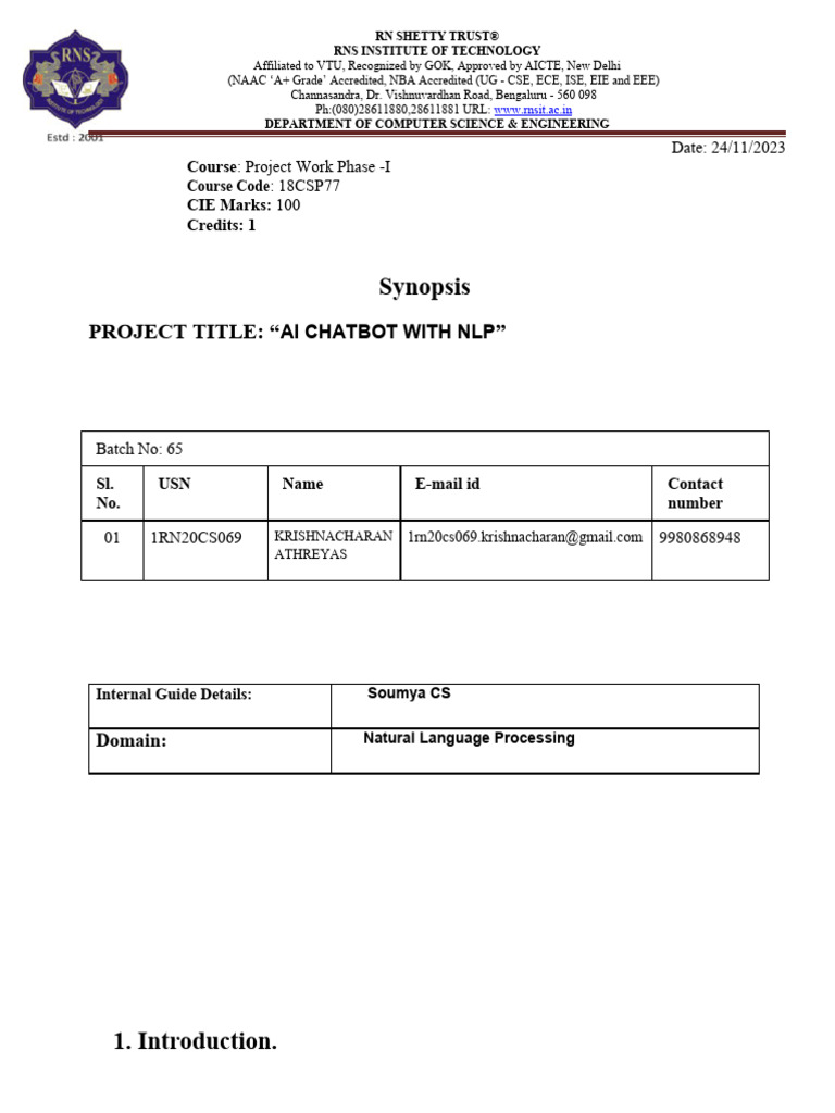 New Project Synopsis of Project AI Chatbot | PDF | Computer Security | Security