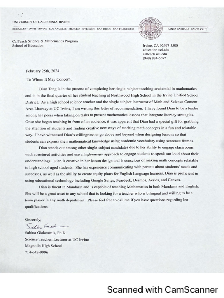 Letter of Rec From Sabina Giakoums | PDF
