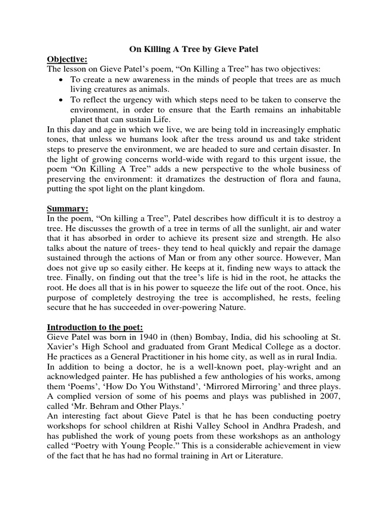 On Killing A Tree by Gieve Patel200225111102022222 | PDF