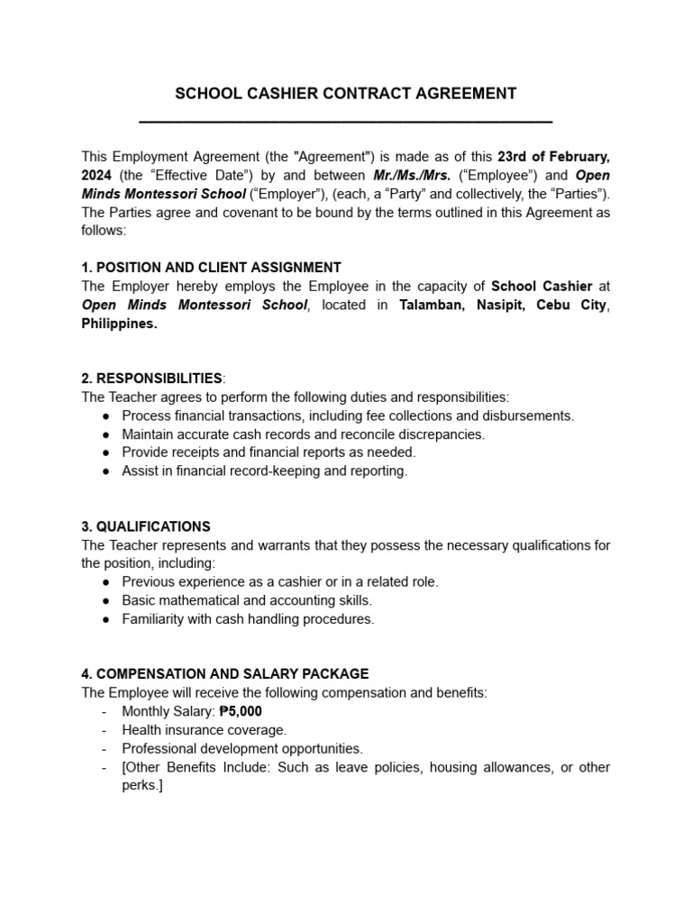 Cashier Contract | PDF