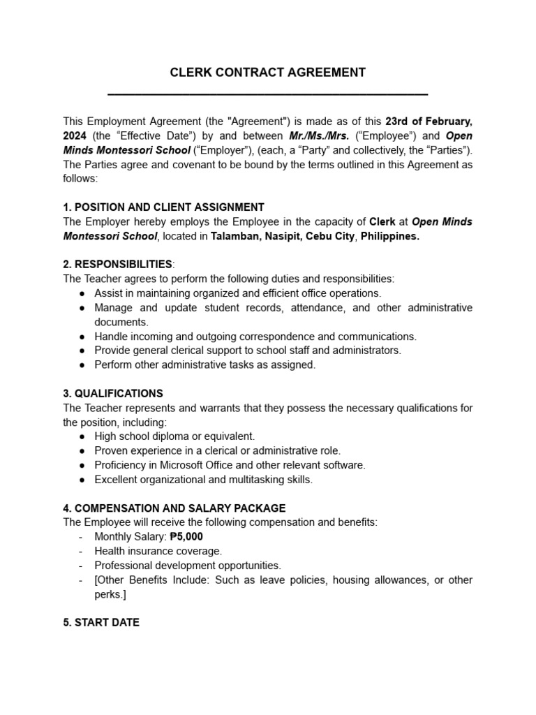 Clerk Contract | PDF | Employment | Business Law