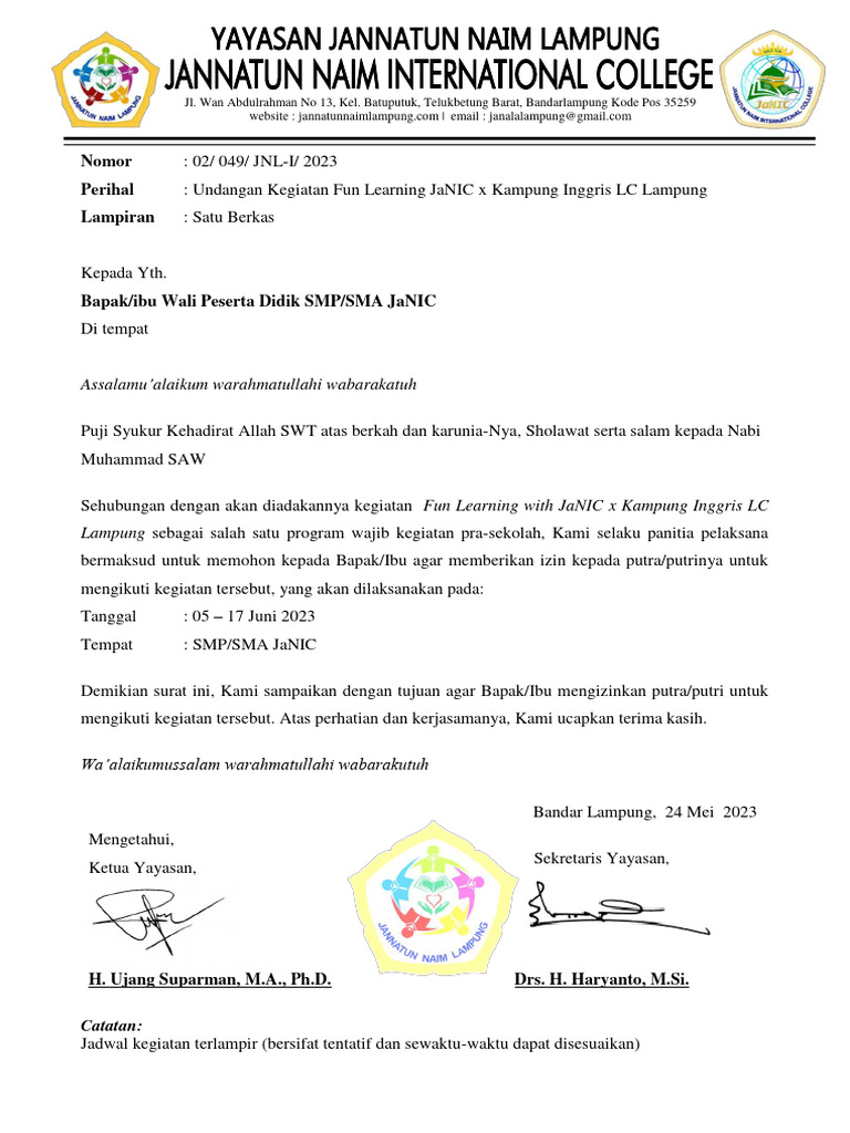 Undangan Fun Learning JANICxKampung Inggris LC 5-17 Juni 2023 | PDF