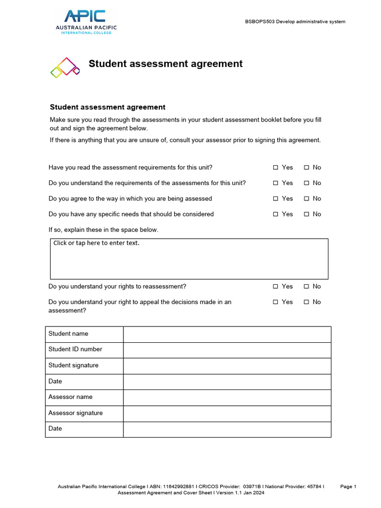 BSBOPS503 Assessment Agreement and Cover Sheet | PDF