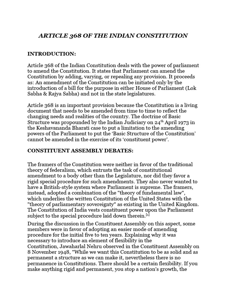 ARTICLE 368 OF THE INDIAN CONSTITUTION | PDF | Constitutional Amendment ...