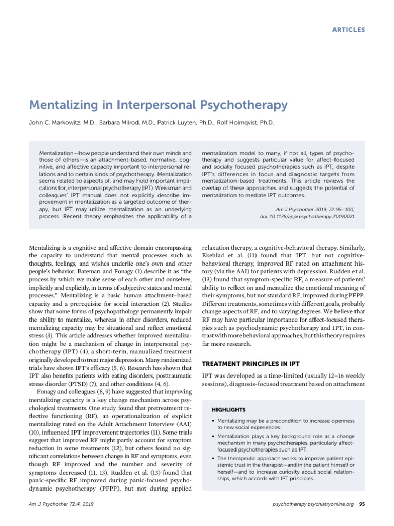 Mentalizing in Interpersonal Psychotherapy | PDF | Psychotherapy ...