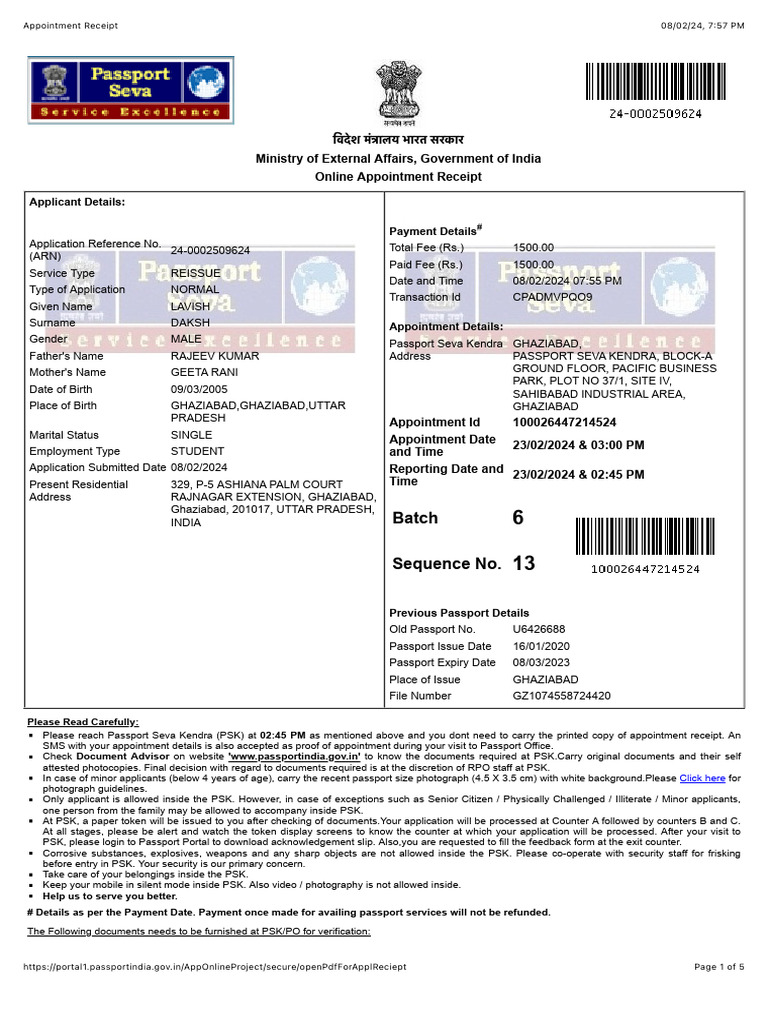 Appointment Receipt | PDF | Identity Document | Passport