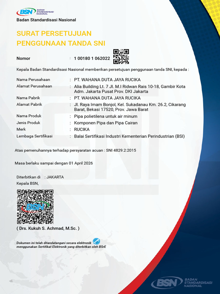 Persetujuan SNI PT Wahana Duta Jaya Rucika | PDF | Teknologi & Rekayasa