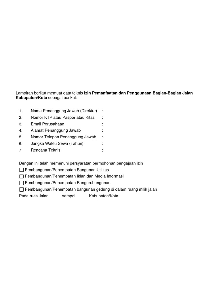 Formulir Data Teknis Pemanfaatan Dan Penggunaan Bagian-Bagian Jalan ...