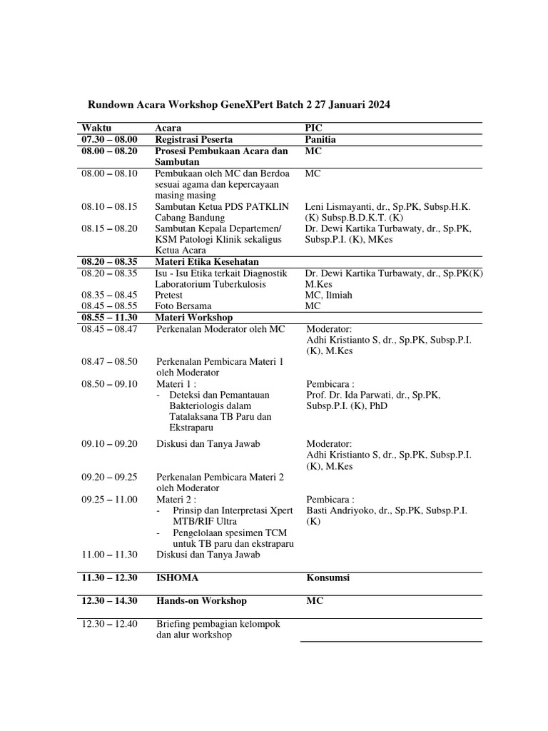 Rundown Acara Workshop GeneXPert Batch 2 27 Januari 2024 | PDF