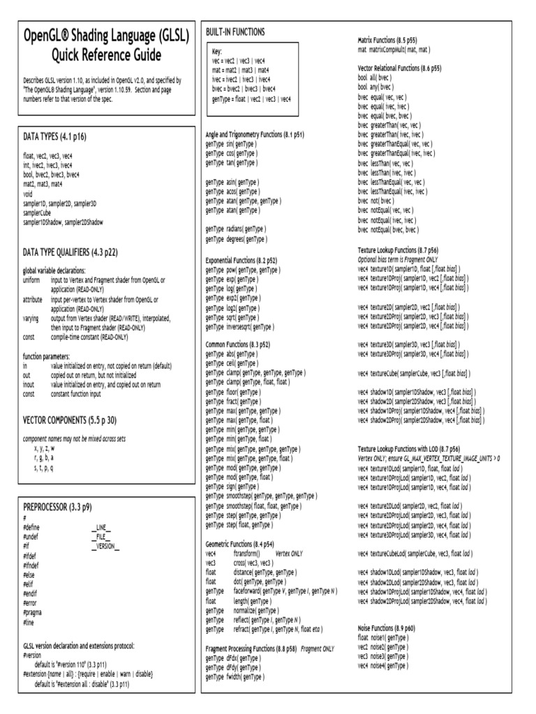 Glsl 1 20 Quickref Pdf Shader Computer Programming 