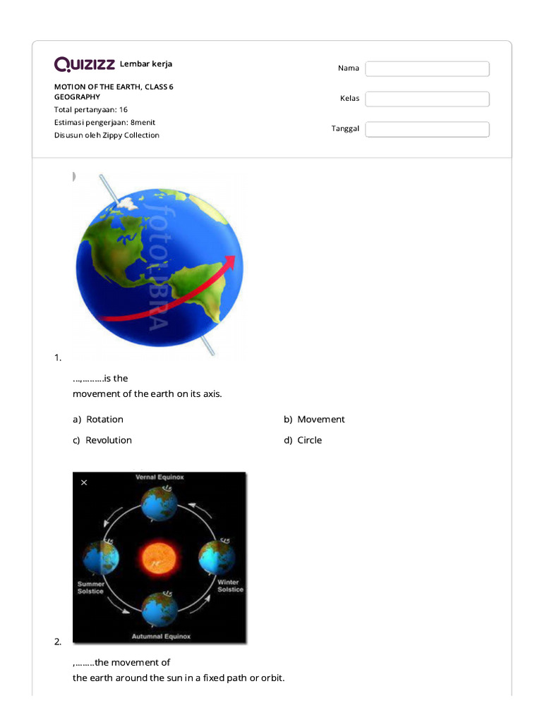 Earth Motion Worksheet for Class 6 | PDF | Night | Earth