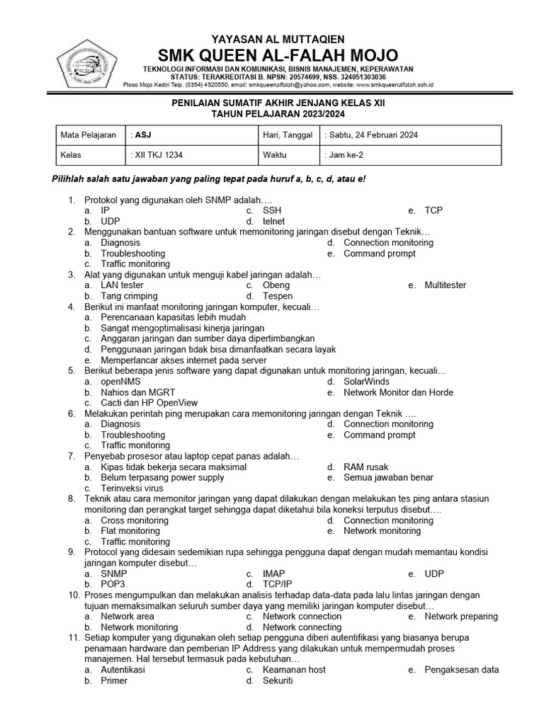Ujian Akhir Kelas XII: Teknologi Jaringan | PDF