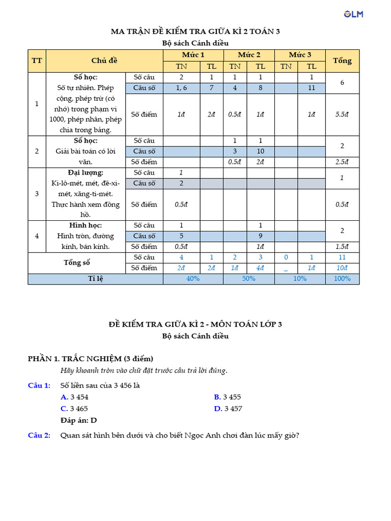 De Kiem Tra Toan 3 Giua Hoc Ki II Bo Sach Canh Dieu Kem Ma Tran | PDF